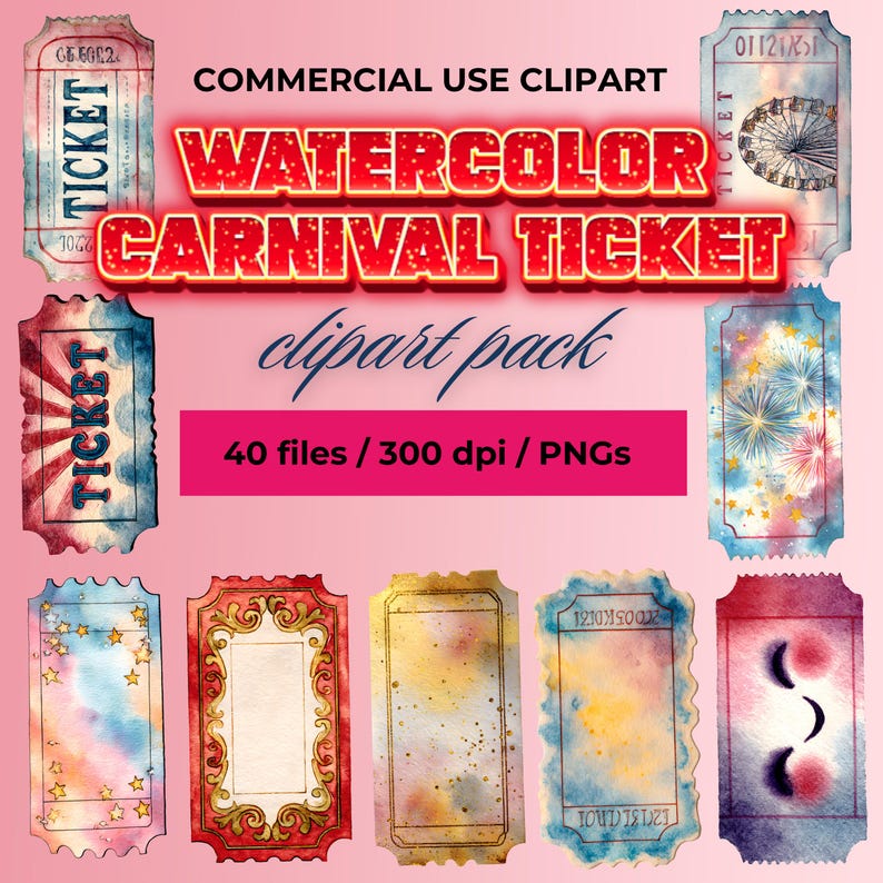 Watercolor Carnival Ticket Clipart: Circus Fair Elements (digital ...