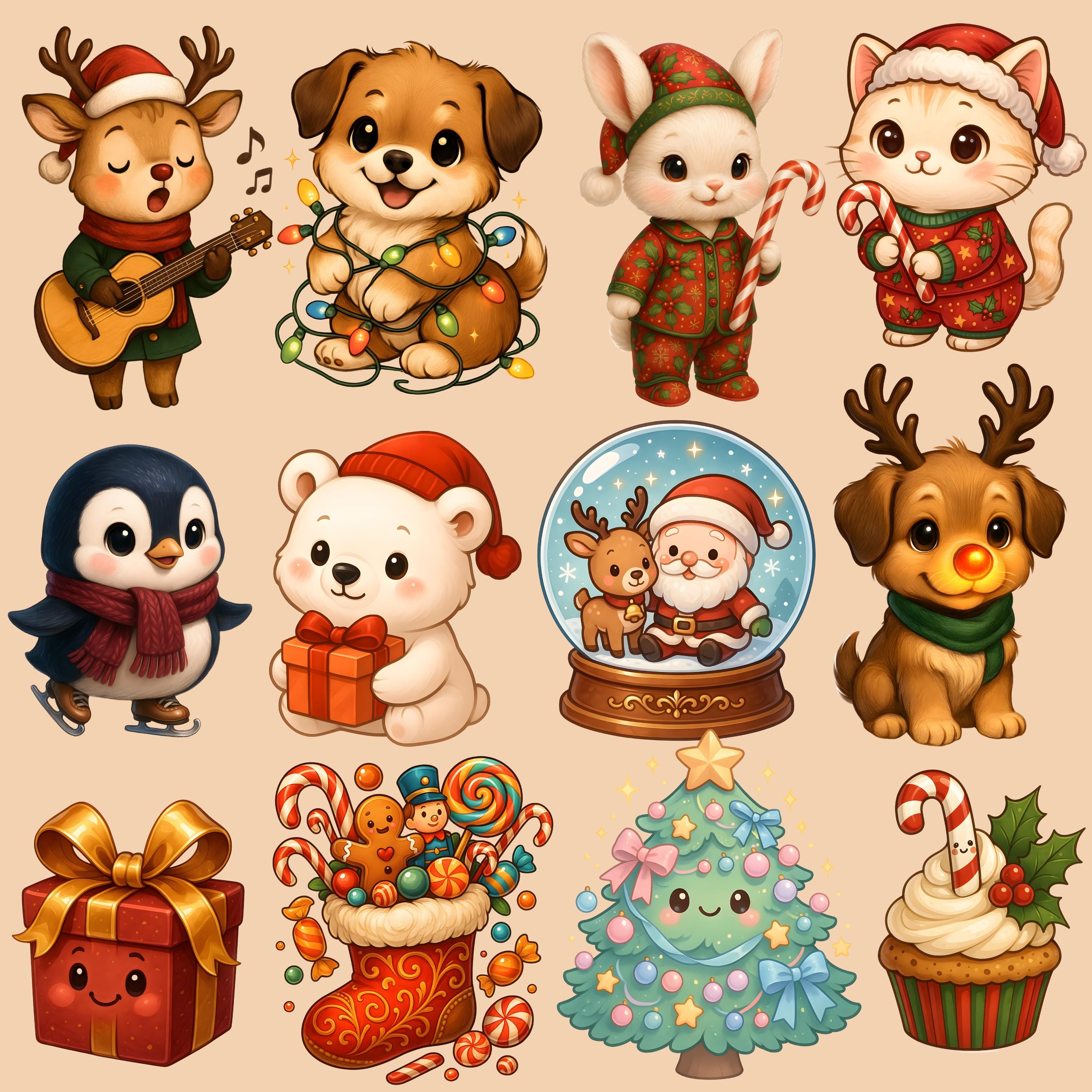 Kawaii Christmas Clipart Bundle | Watercolor PNG (digital Download ...