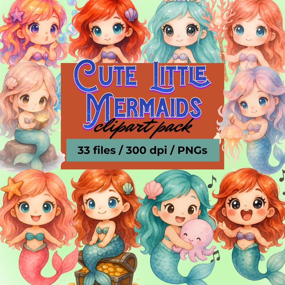 Little Mermaid Clipart: Watercolor Ocean Girls PNG Set (digital ...