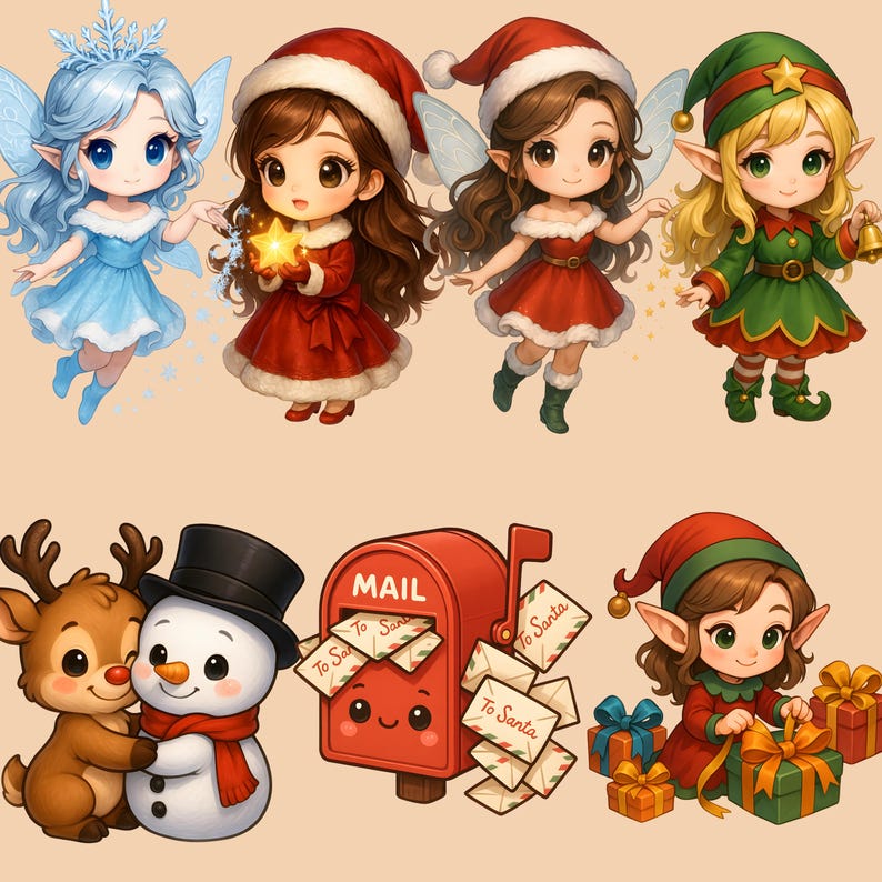 Kawaii Christmas Clipart Bundle | Watercolor PNG (digital Download ...