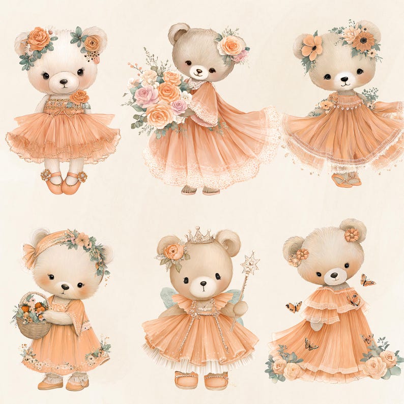 Peach Teddy Bear Clipart: Pastel Nursery Animal Pngs (digital Download ...