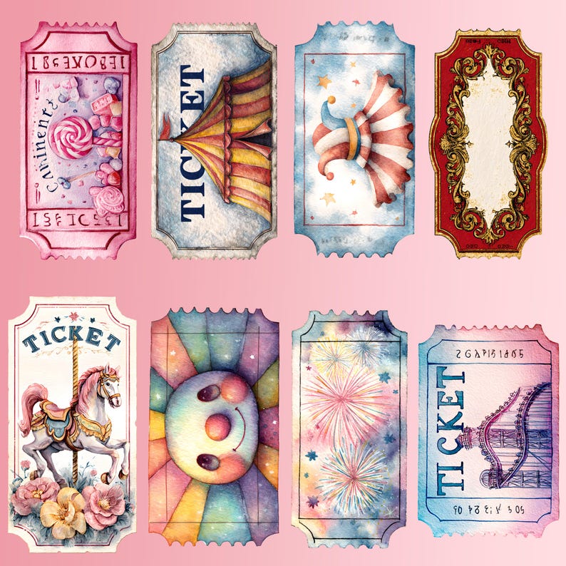 Watercolor Carnival Ticket Clipart: Circus Fair Elements (digital ...