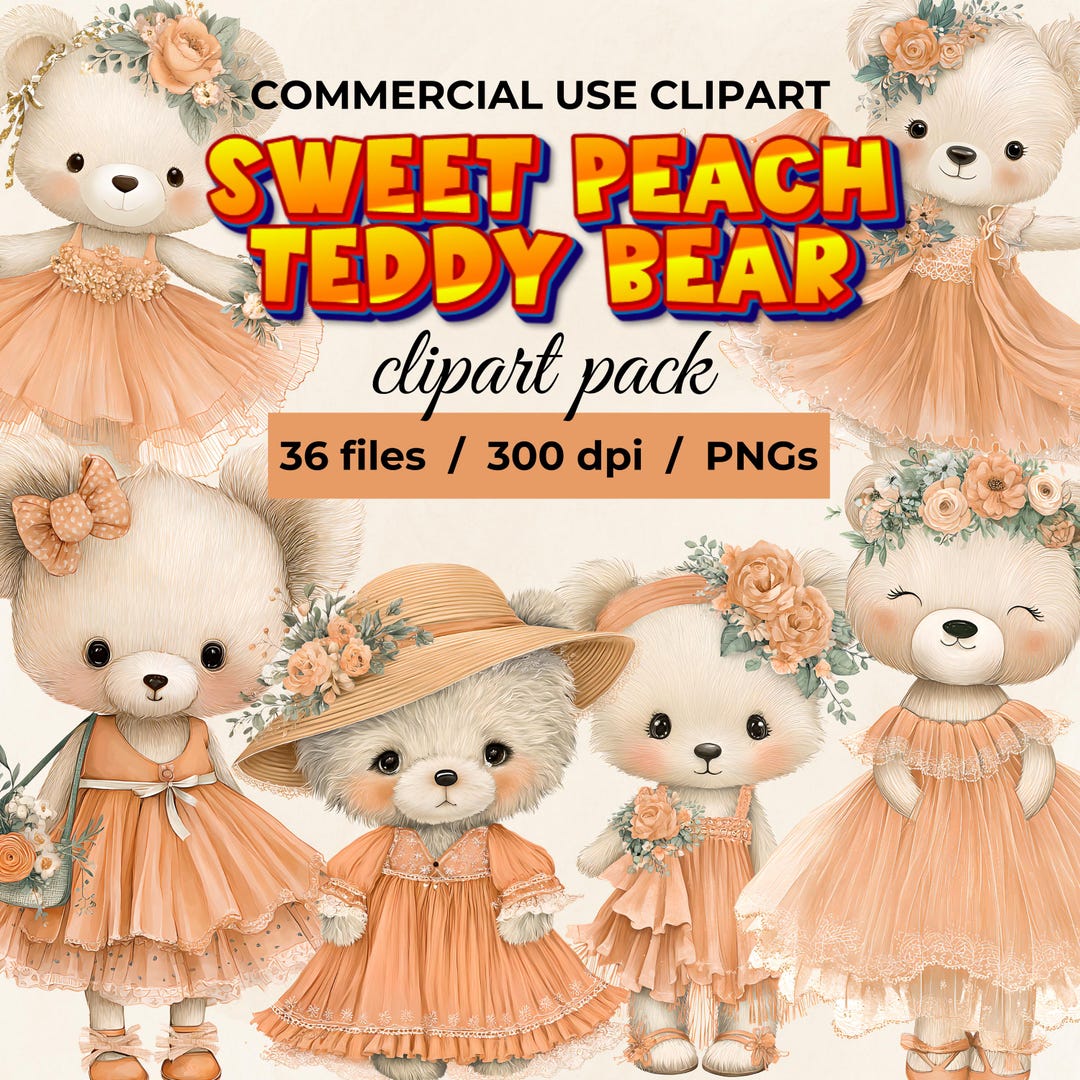 Peach Teddy Bear Clipart: Pastel Nursery Animal Pngs (digital Download ...