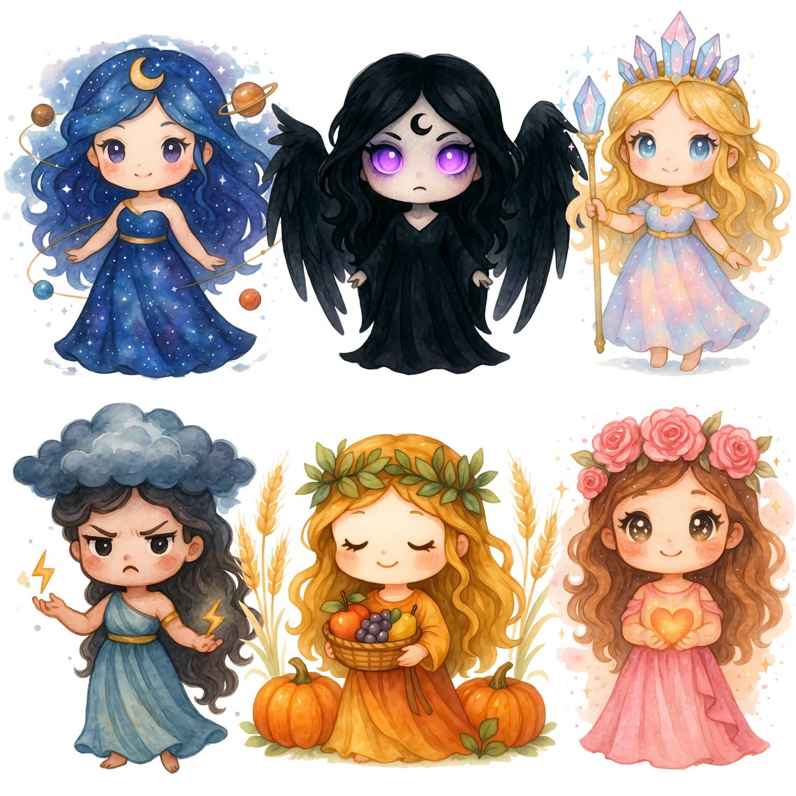 Chibi Goddess Clipart | Ethereal Magical Fairies | Whimsical Watercolor ...