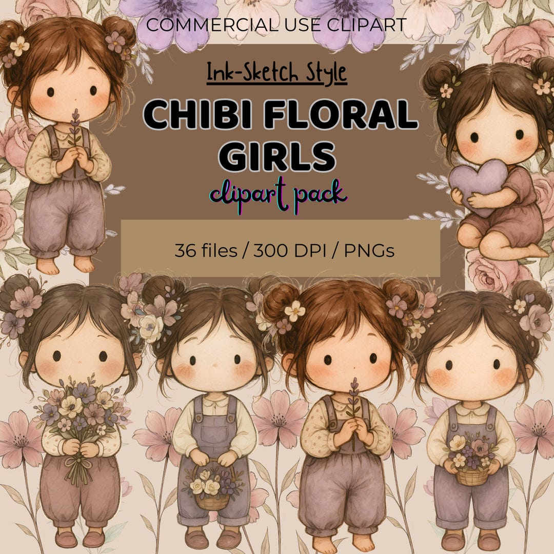 Chibi Floral Girls Clipart | Ink-sketch Watercolor Style | Whimsical ...