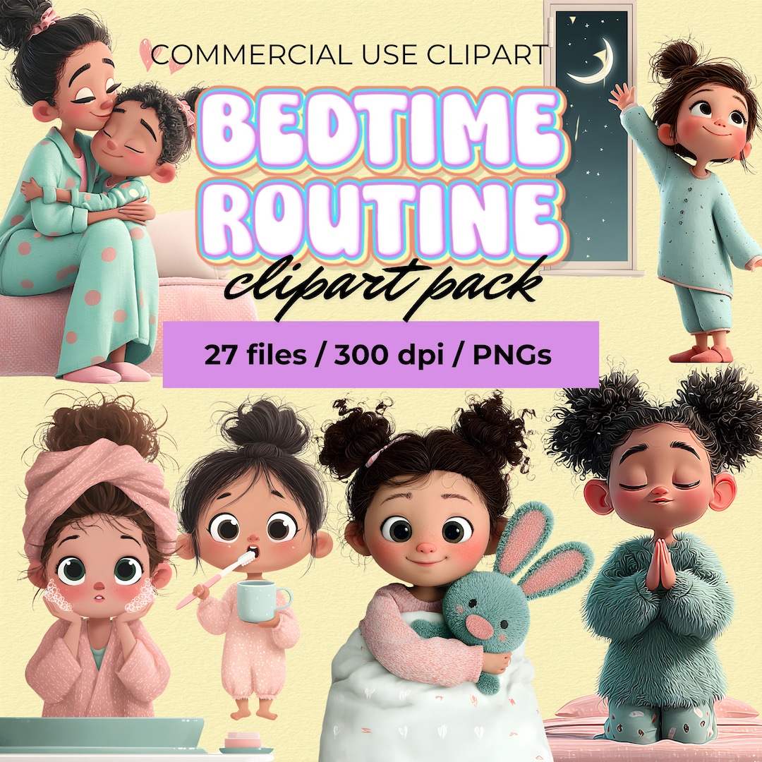 Bedtime Routine Clipart: Kids Nighttime Activities Illustrations ...