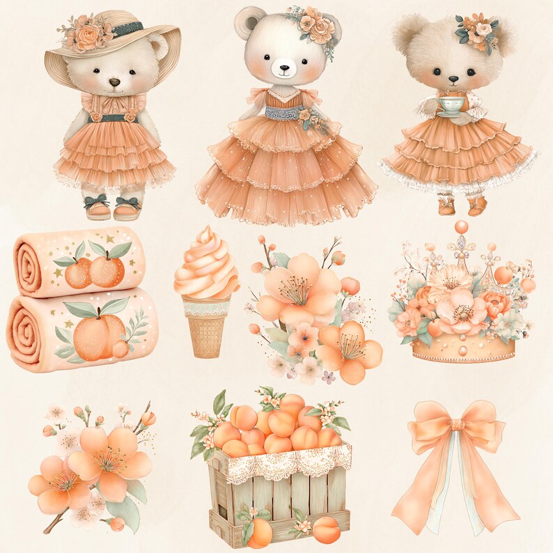 Peach Teddy Bear Clipart: Pastel Nursery Animal Pngs (digital Download ...