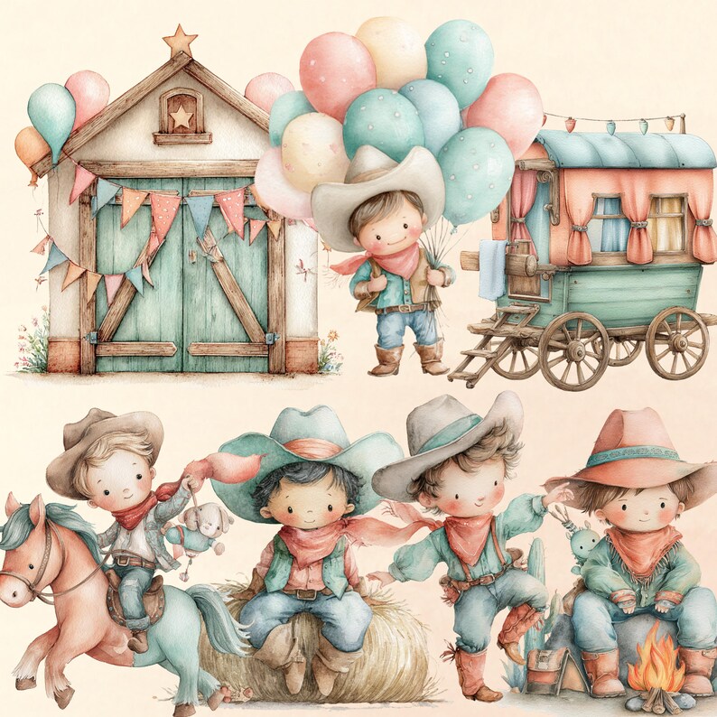 Cowboy Birthday Clipart: Watercolor Western Theme Party Pngs (digital ...