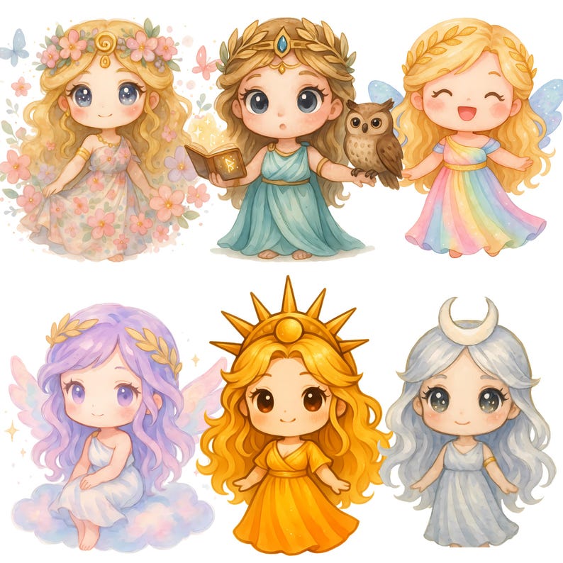 Chibi Goddess Clipart | Ethereal Magical Fairies | Whimsical Watercolor ...