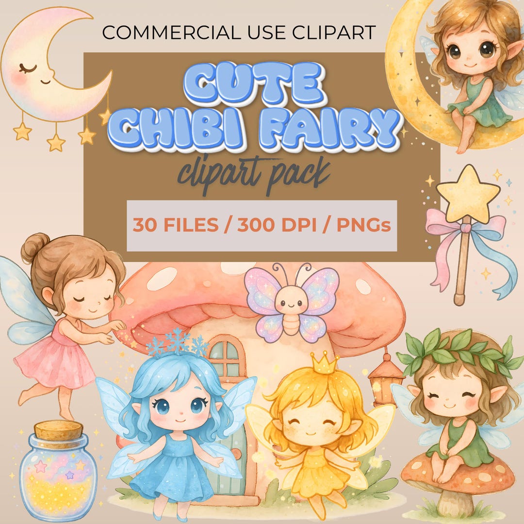 Watercolor Chibi Fairy Clipart: Kawaii Pastel Character Set (digital ...