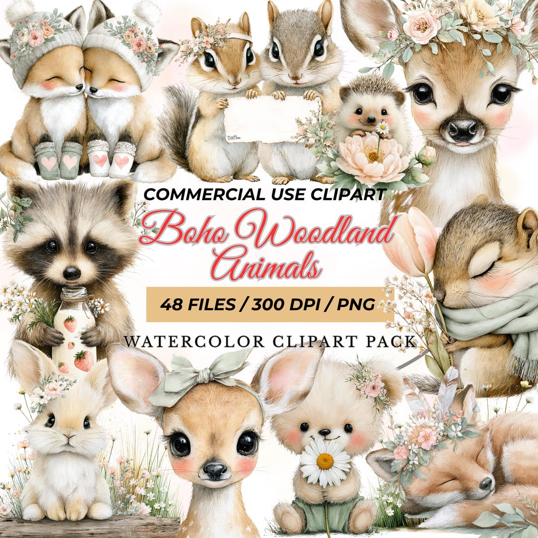 Boho Woodland Animals Clipart – Watercolor Forest Creatures With Floral ...