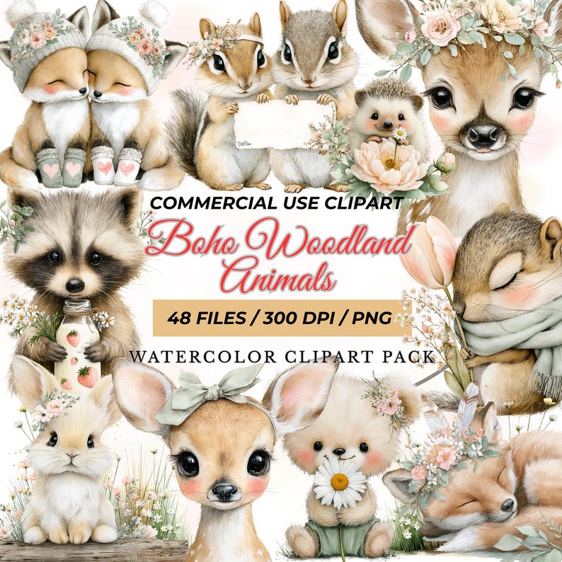 Boho Woodland Animals Clipart – Watercolor Forest Creatures With Floral ...