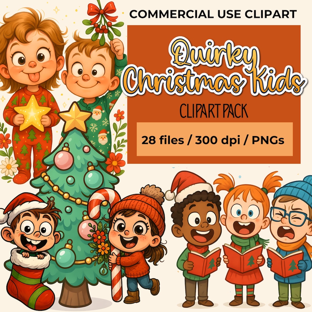 Quirky Christmas Kids Clipart | Festive Watercolor Cartoon PNG (digital ...