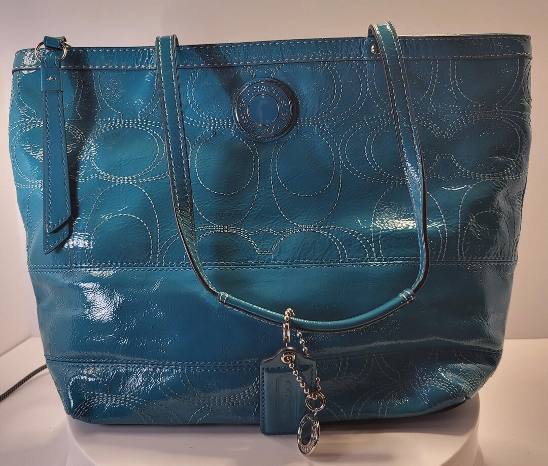 Coach Turquoise Patent Leather Purse Tote Bag Silver Toned Hardware - Etsy