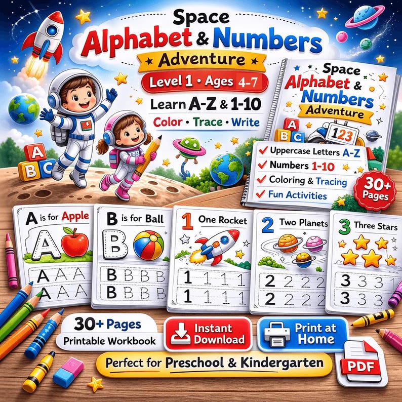 Space Alphabet Numbers Coloring Book | Preschool Learning Printable ...