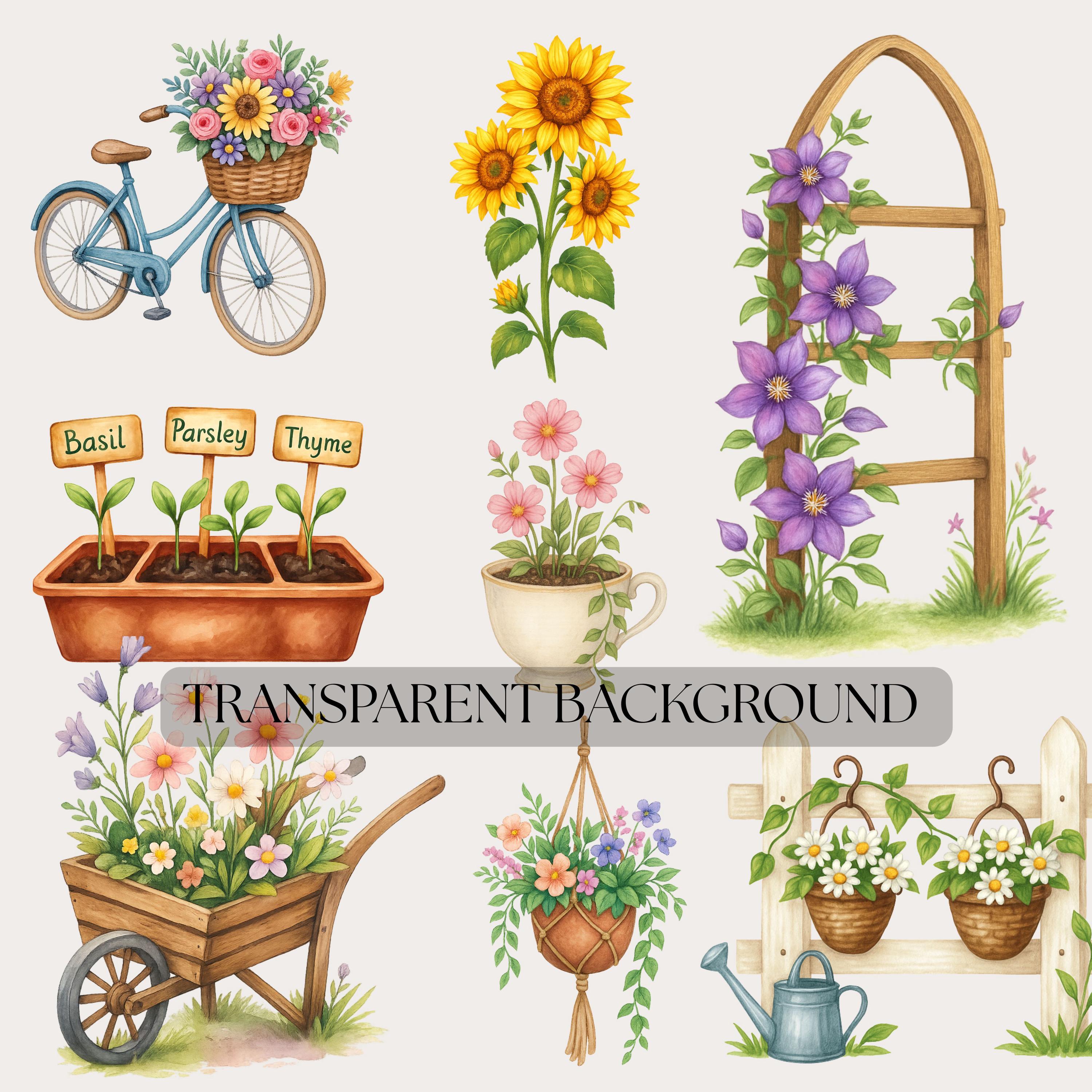 Watercolor Garden Clip Art Bundle: Floral Illustrations (PNG, 300DPI ...