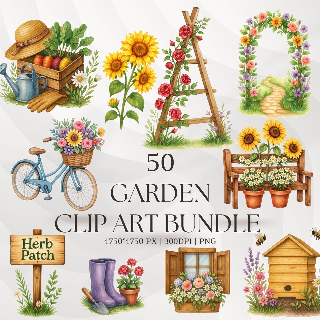 Watercolor Garden Clip Art Bundle: Floral Illustrations (PNG, 300DPI ...