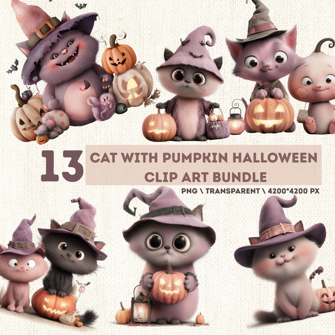 Halloween Witch Cat Clipart Bundle: Kawaii Kitten Pngs (digital ...
