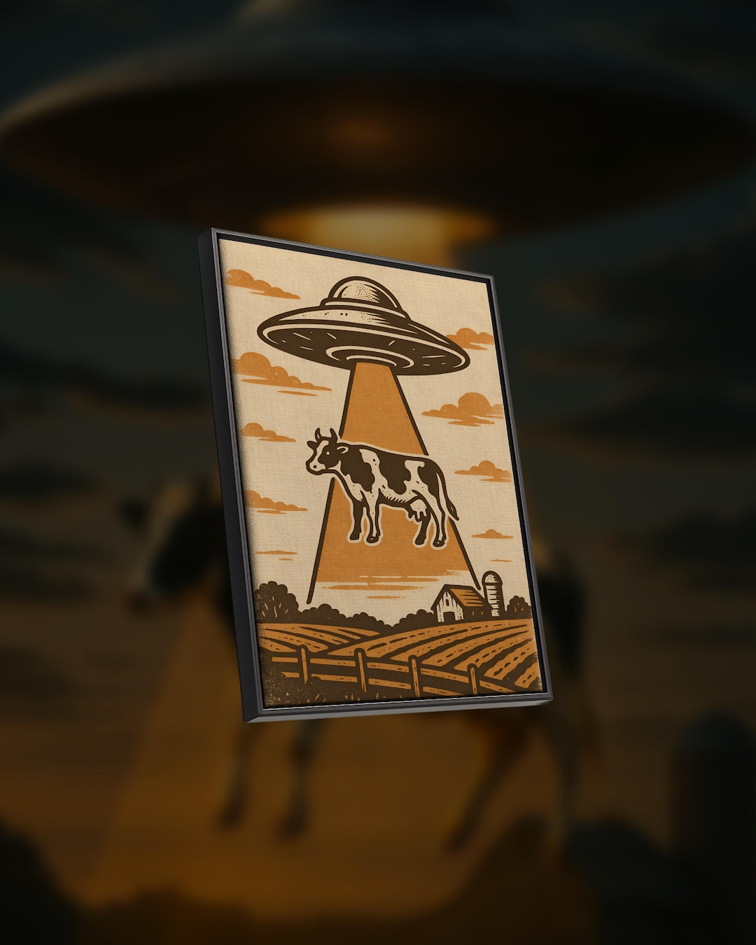 Vintage UFO Cow Abduction Poster – Funny Retro Farm Printable Wall Art ...