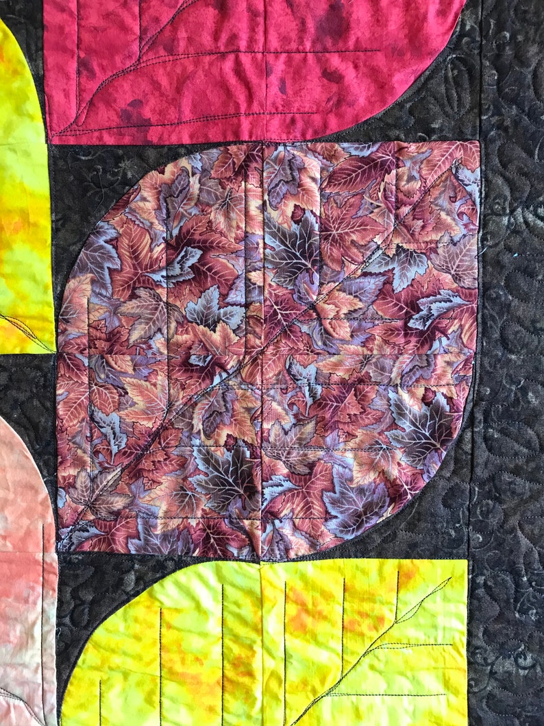 Leaf Quilt; Modern Quilt in Autumn Colors: Dark Brown, Yellow, Red, and ...