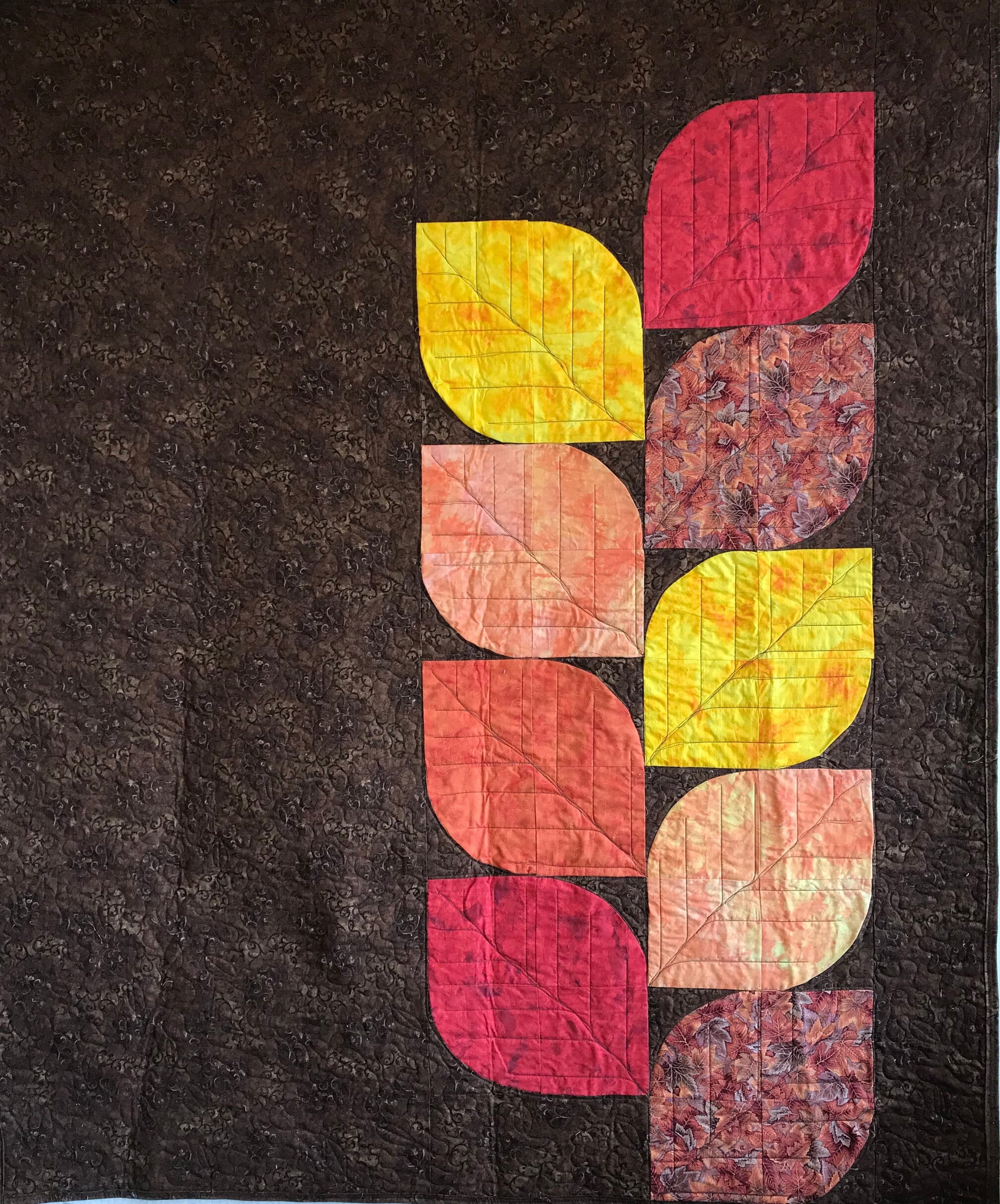 Leaf Quilt; Modern Quilt in Autumn Colors: Dark Brown, Yellow, Red, and ...