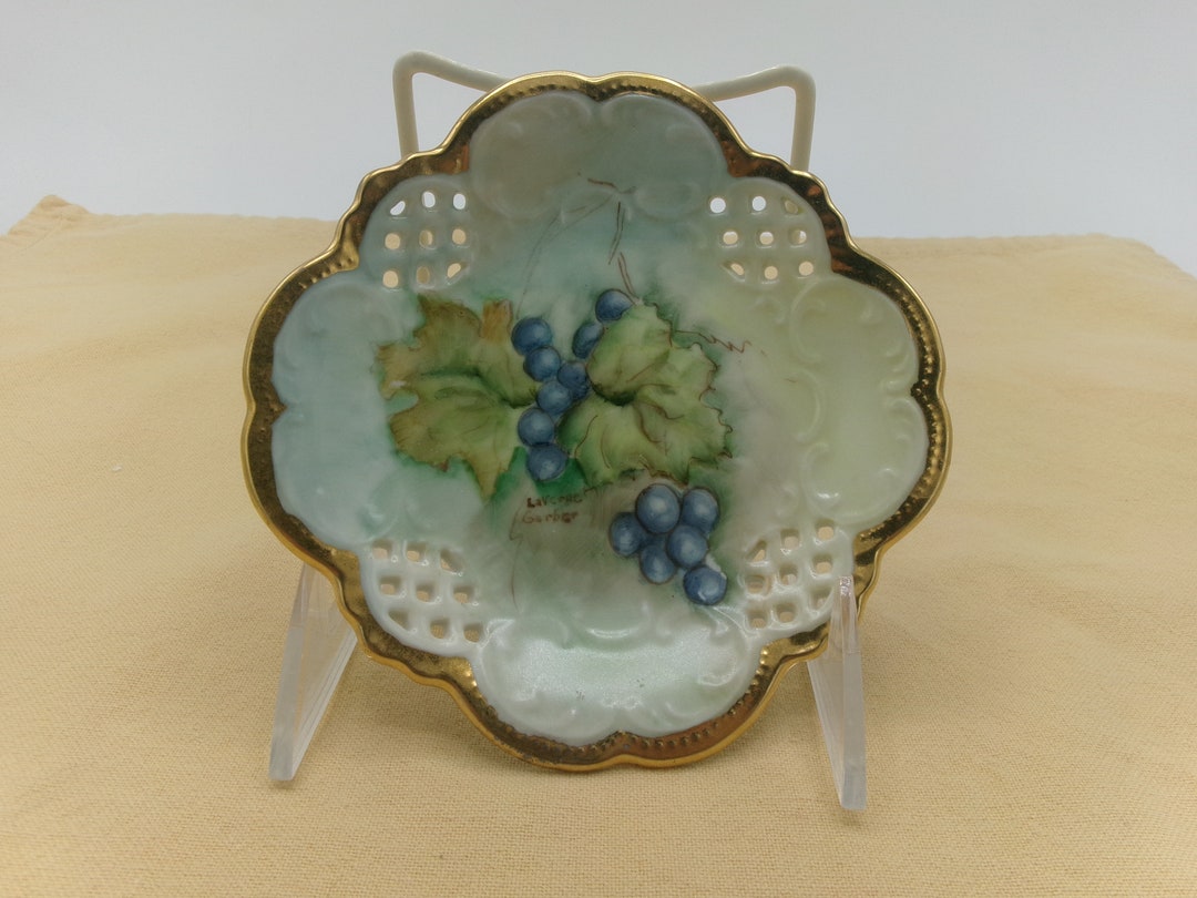 Vintage Hand Painted and Signed Gilt Edge Reticulated Trinket Dish With ...