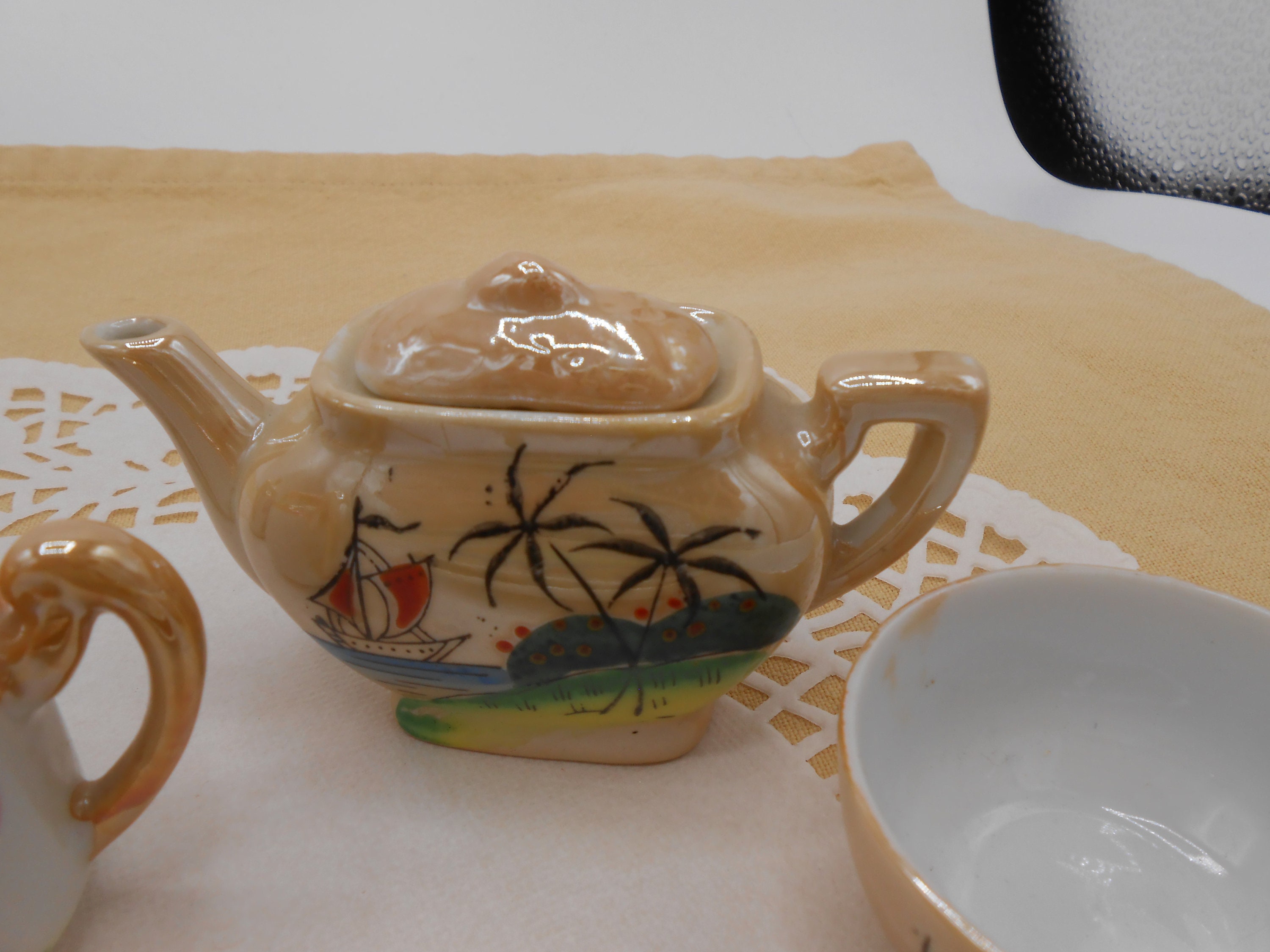 Child's Hand Painted Lusterware Tea Set, Miniature Mid Child's Hand Painted Lusterware Tea Set, Miniature Mid