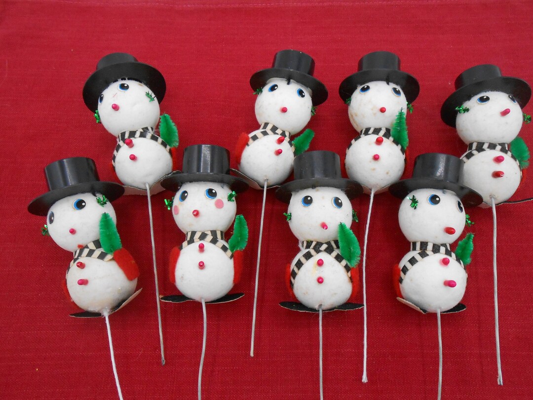 Vintage Flocked Snowman Pick, Flocked Snowmen Picks, Christmas Present ...