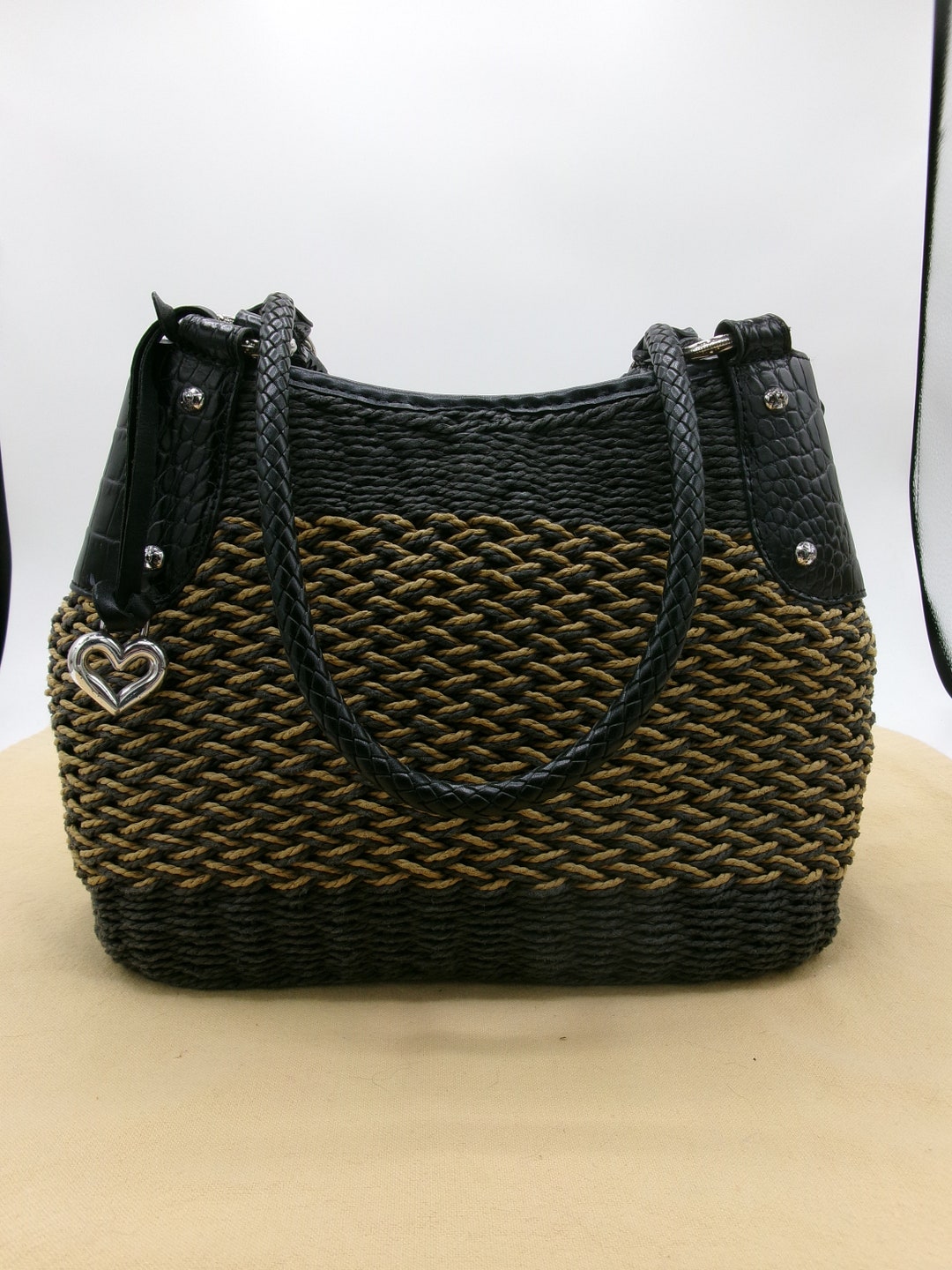 Authentic Brighton Black and Tan Woven Wicker Handbag With Croc Leather ...