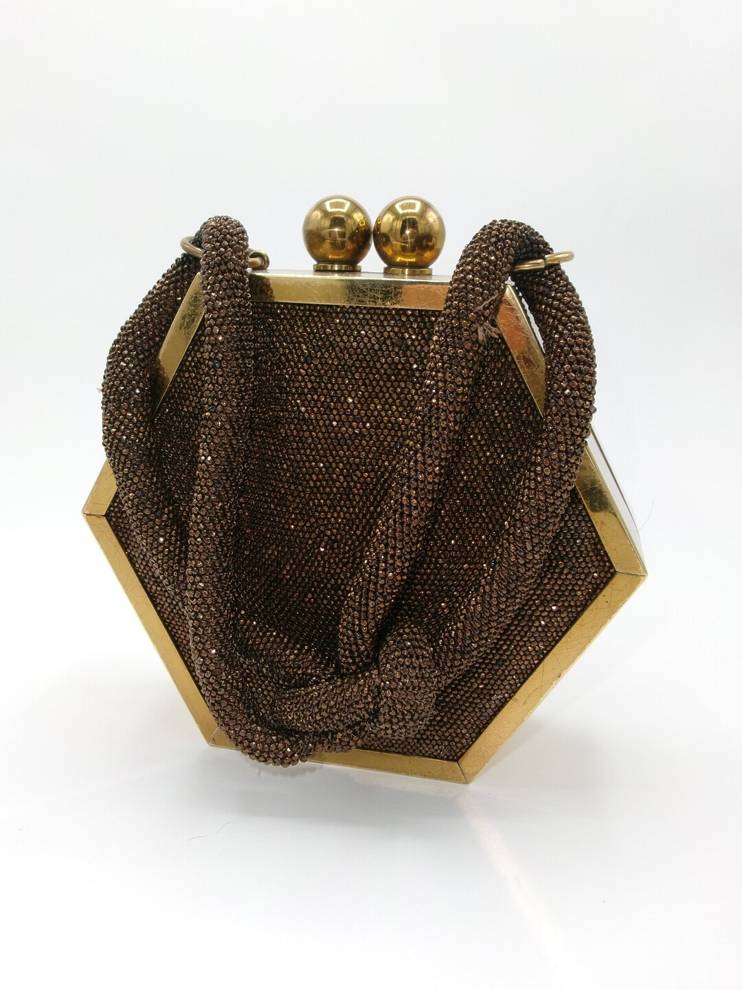 Vintage Fancy Six-sided Brass Frame Brown Iridescent Beaded Shoulder ...