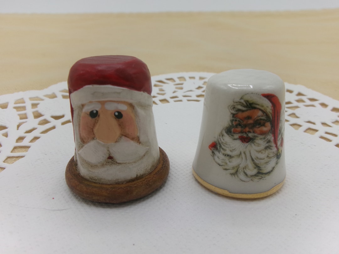 TWO Vintage Santa Thimbles, Hand Carved Santa Thimble, Bone China Santa ...