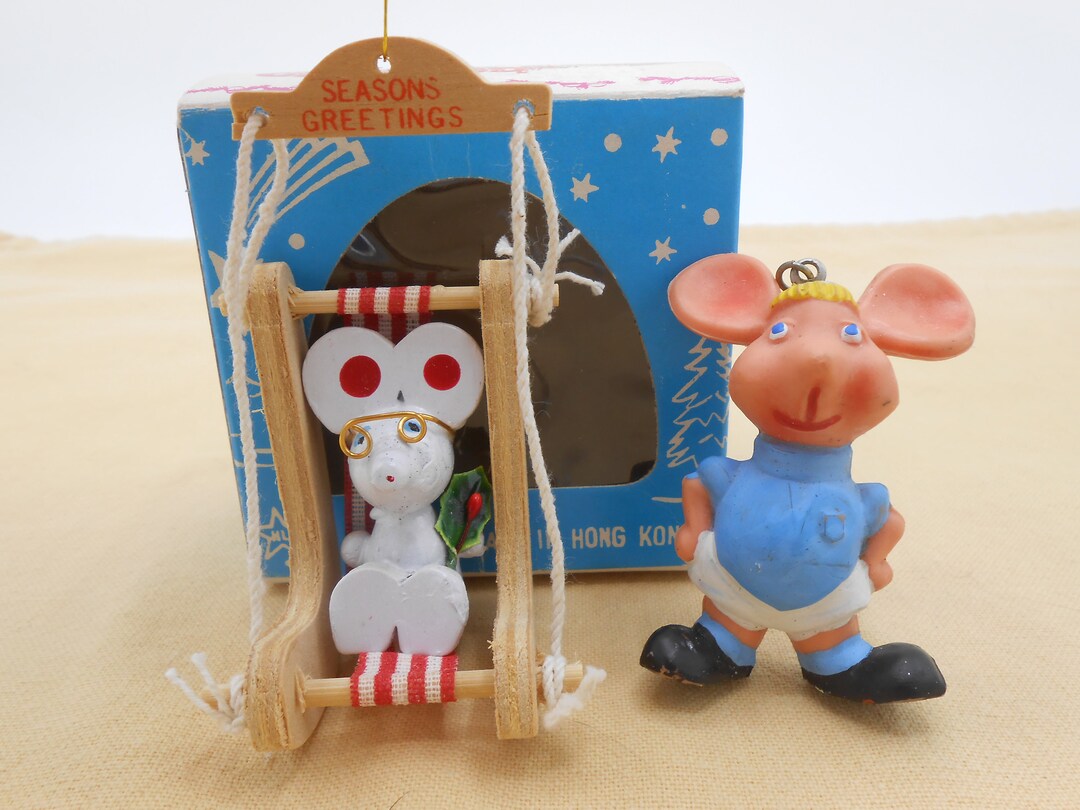 REDUCED Two Adorable Mice Figurines, Topo Gigio and a Wooden Mouse on a ...