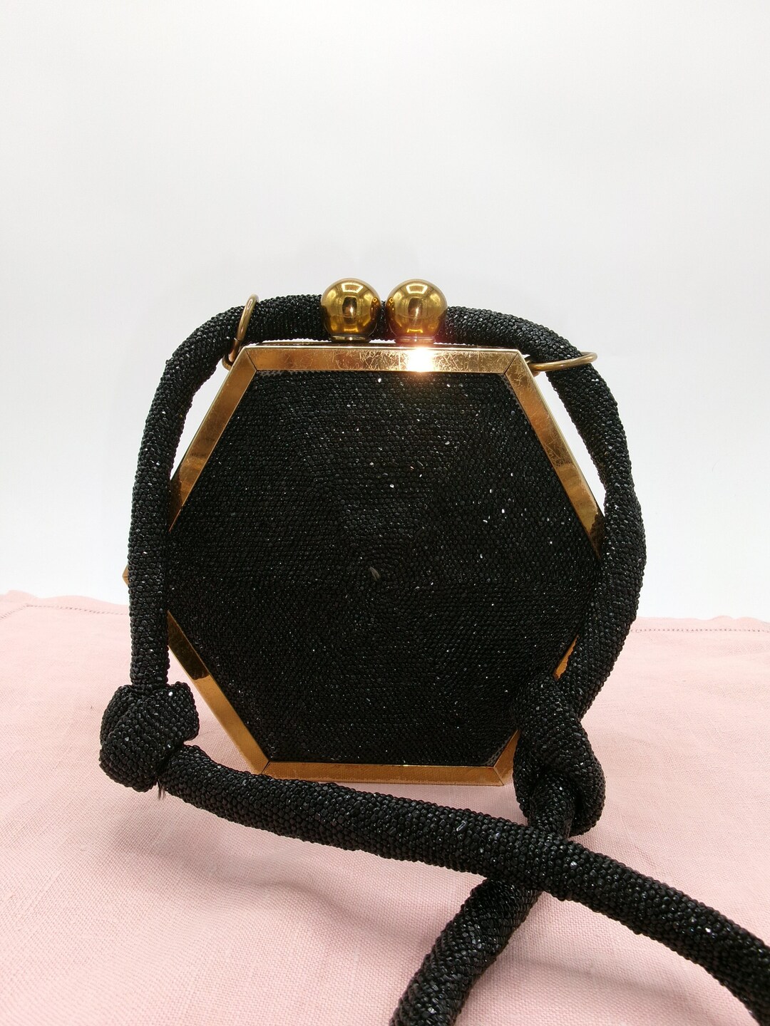 Vintage Fancy Six-sided Brass Frame Black Iridescent Beaded Shoulder ...