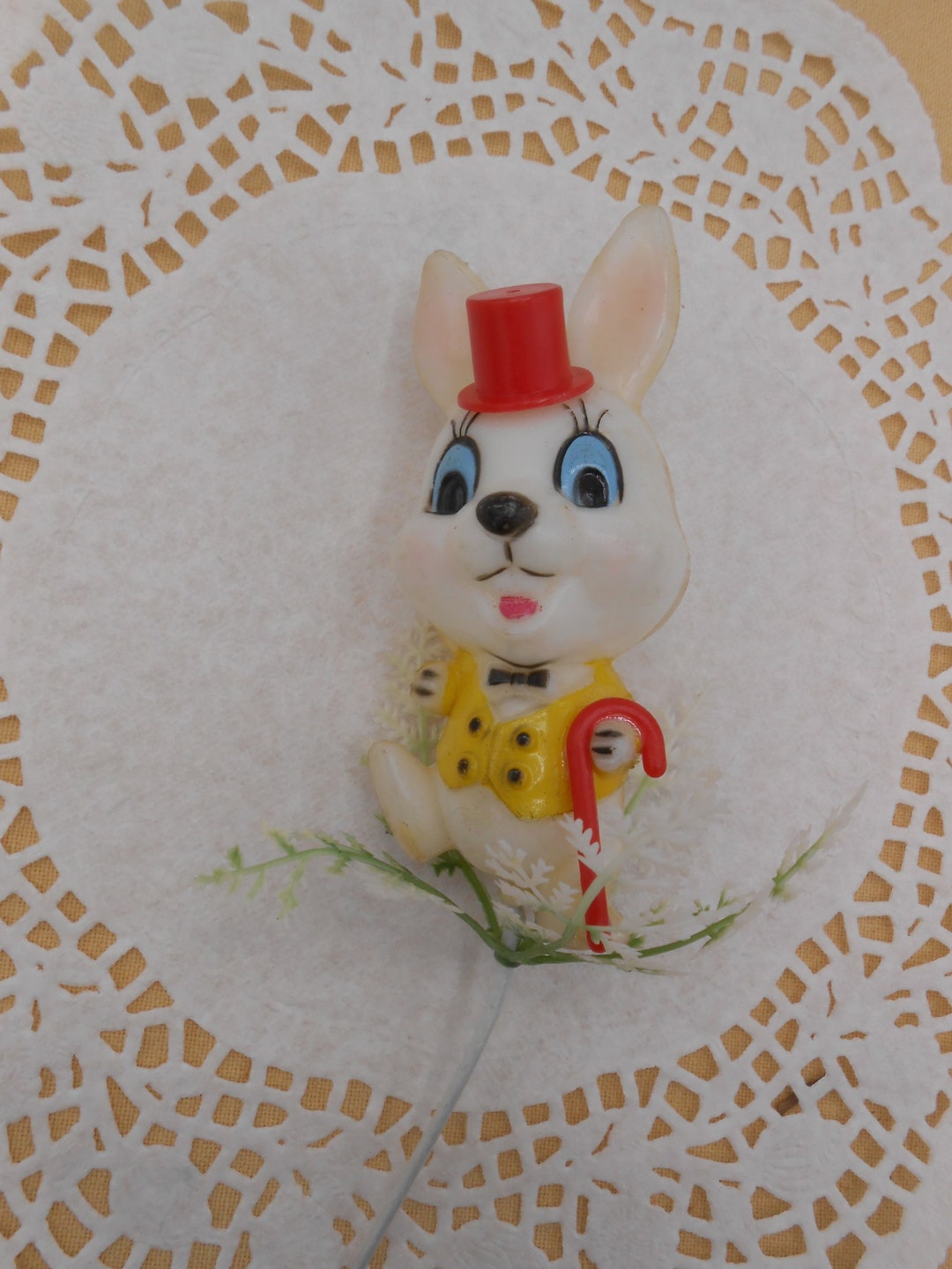 Mid Century Hard Plastic Bunny Rabbit Pick With Fern Leaves, Easter ...