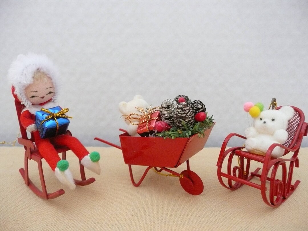 REDUCED THREE Red Enamel Christmas Tree Ornaments, Pixie in Rocking ...