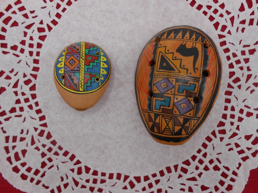 TWO Hand Painted Peruvian Whistles, Peruvian Ocarinas, Hand Painted ...