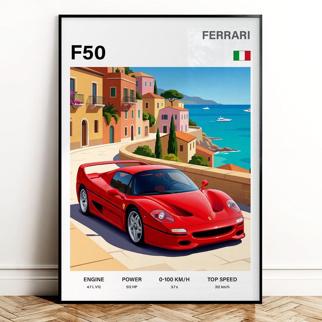 Ferrari F50 Poster Supercar | Wall Decor | Car Poster | Auto Lover Art ...