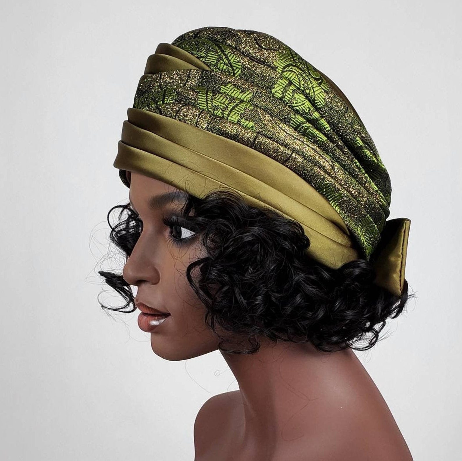 60s Does 20s Toque Turban • Green & Gold Glittering Brocade Swathed in ...