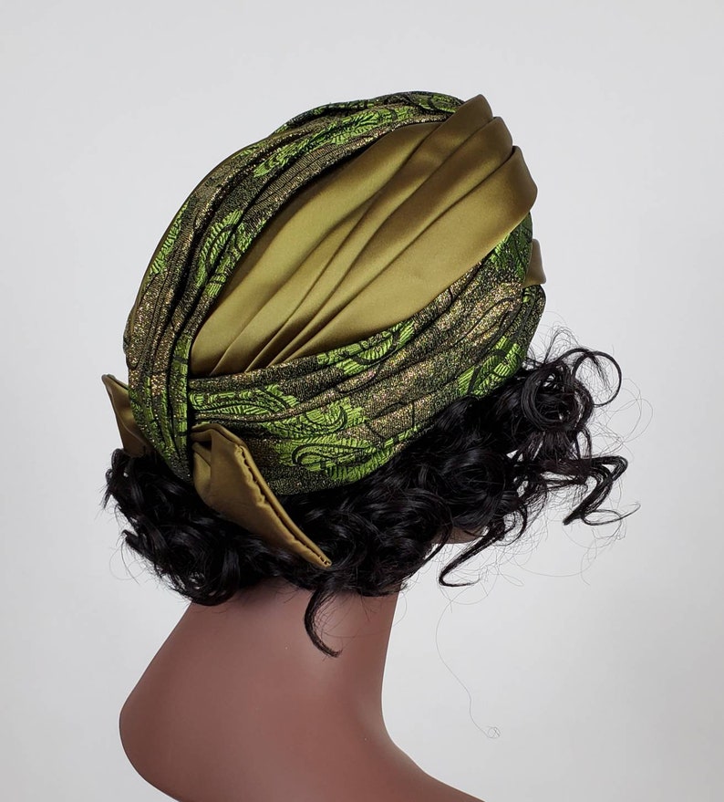60s Does 20s Toque Turban • Green & Gold Glittering Brocade Swathed in ...