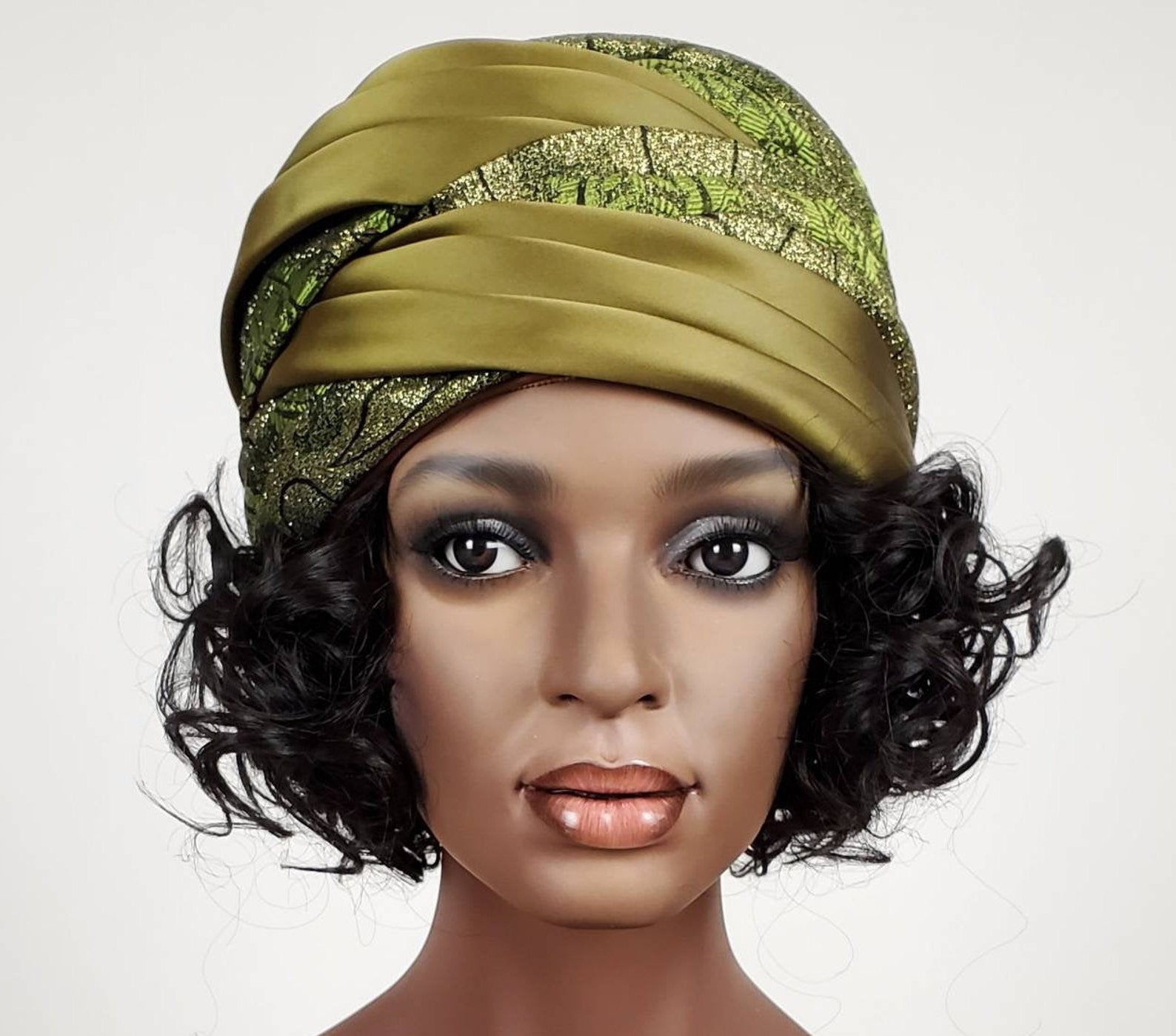 60s Does 20s Toque Turban • Green & Gold Glittering Brocade Swathed in ...