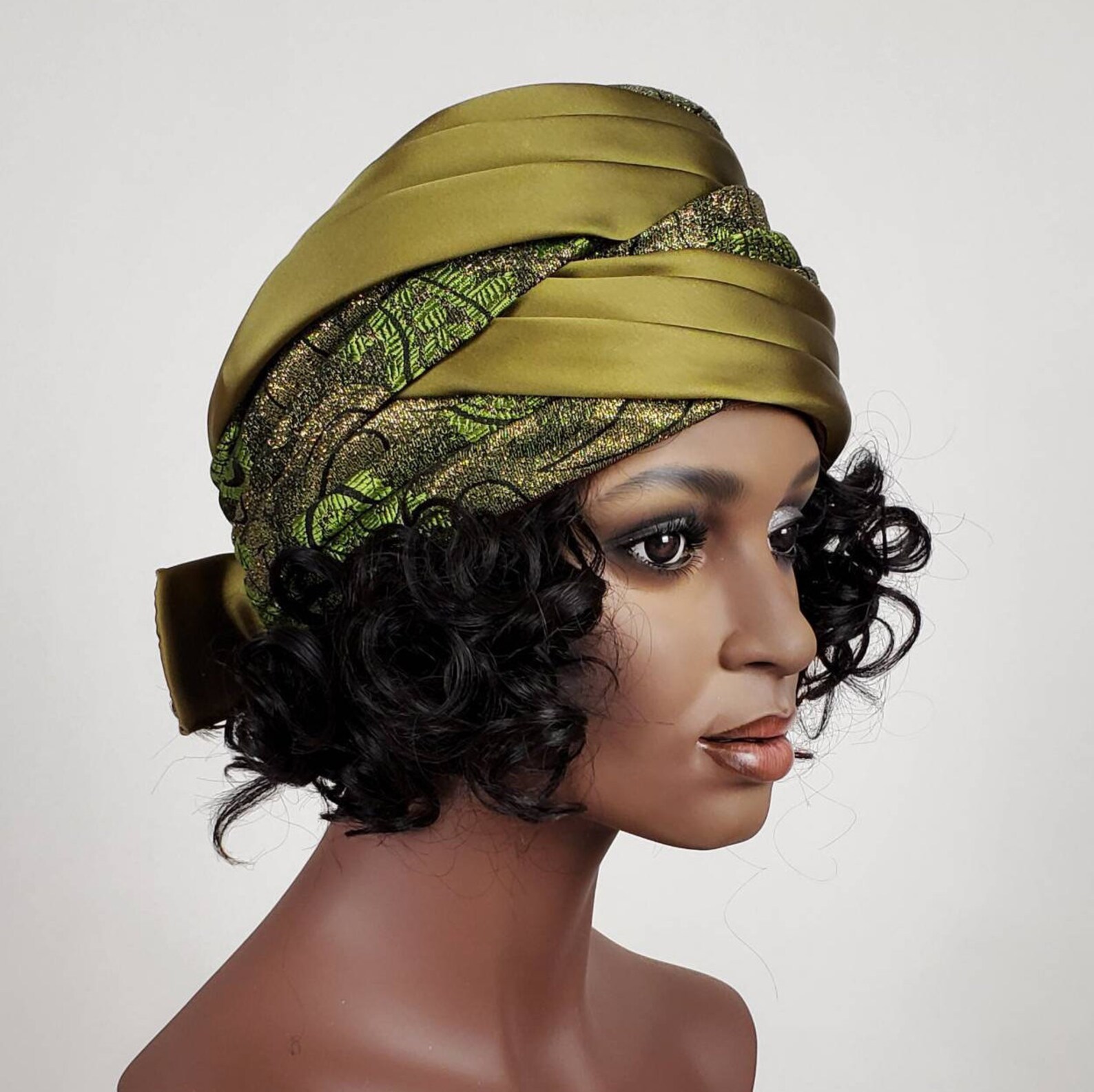 60s Does 20s Toque Turban • Green & Gold Glittering Brocade Swathed in ...
