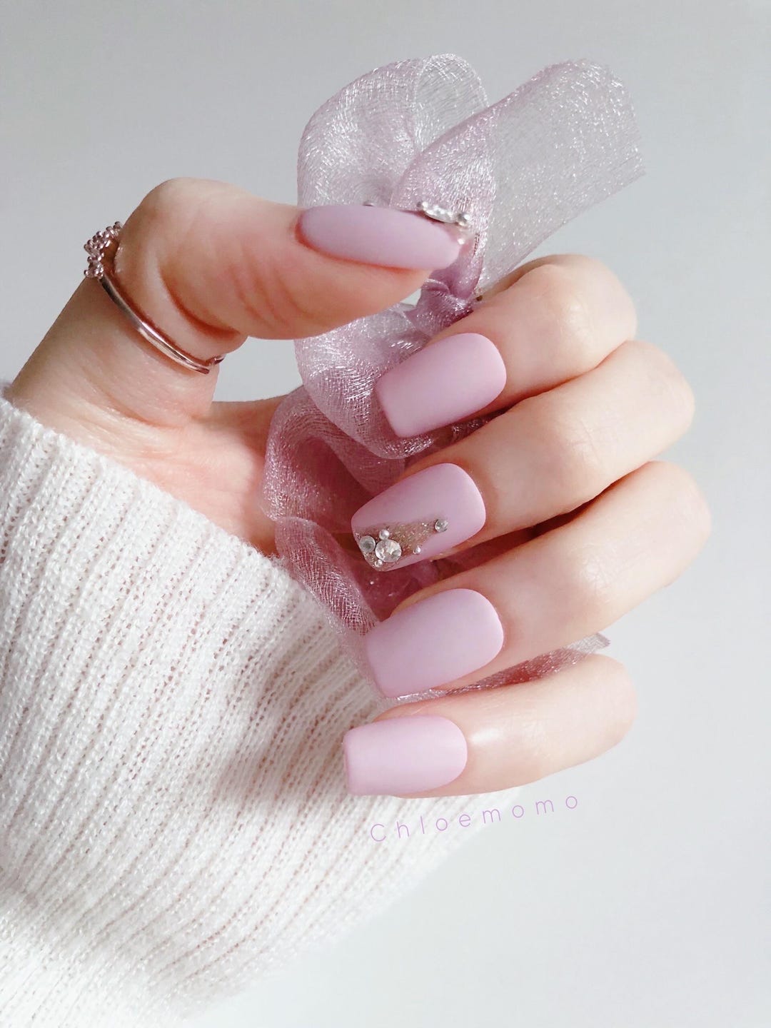 Matte Light Purple Press on Nails With Glitter Rhinestones, Elegant ...