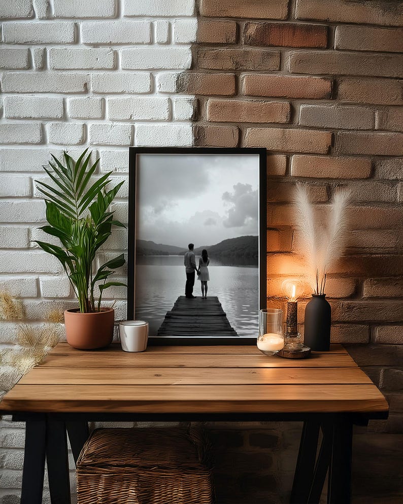 Minimalist Couple Lake Scene, Black and White Photography, Serene ...