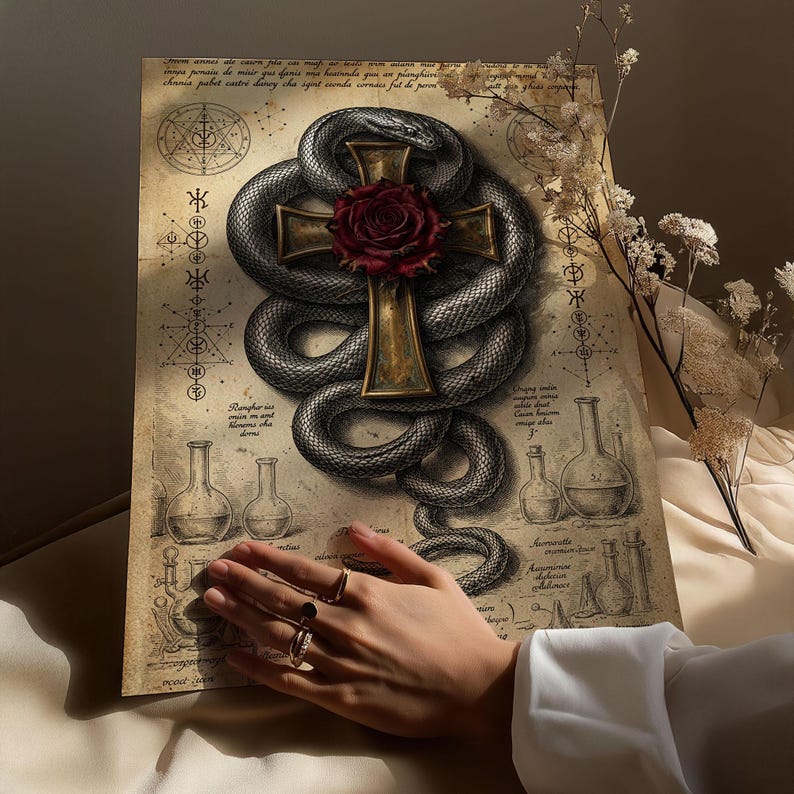 Gothic Snake and Cross Wall Art, Alchemical Symbols Poster, Dark ...