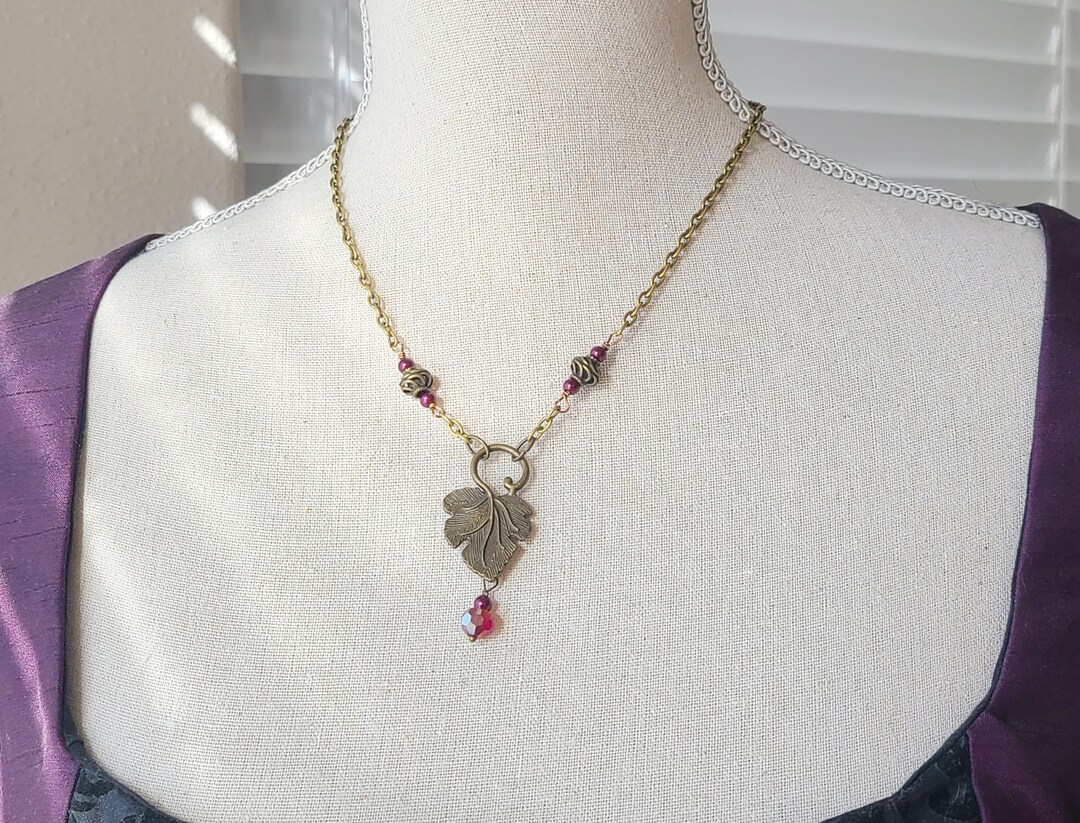 Leaf Necklace With Red Stones, Nature Jewelry, Red Rhinestone Necklace ...
