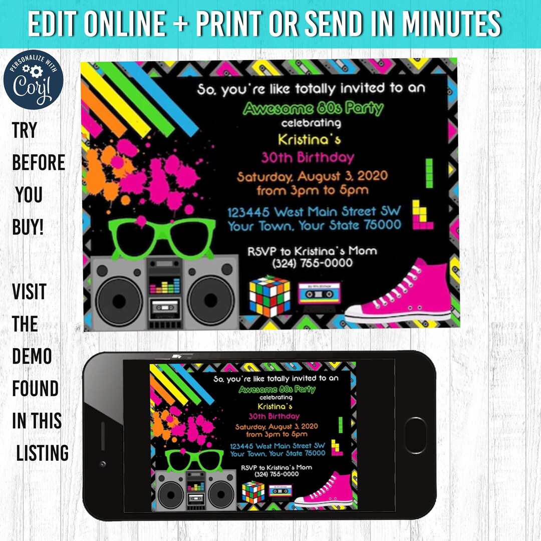 80s Invitation, You EDIT and PRINT 5x7 80s Birthday Invitation 80s ...
