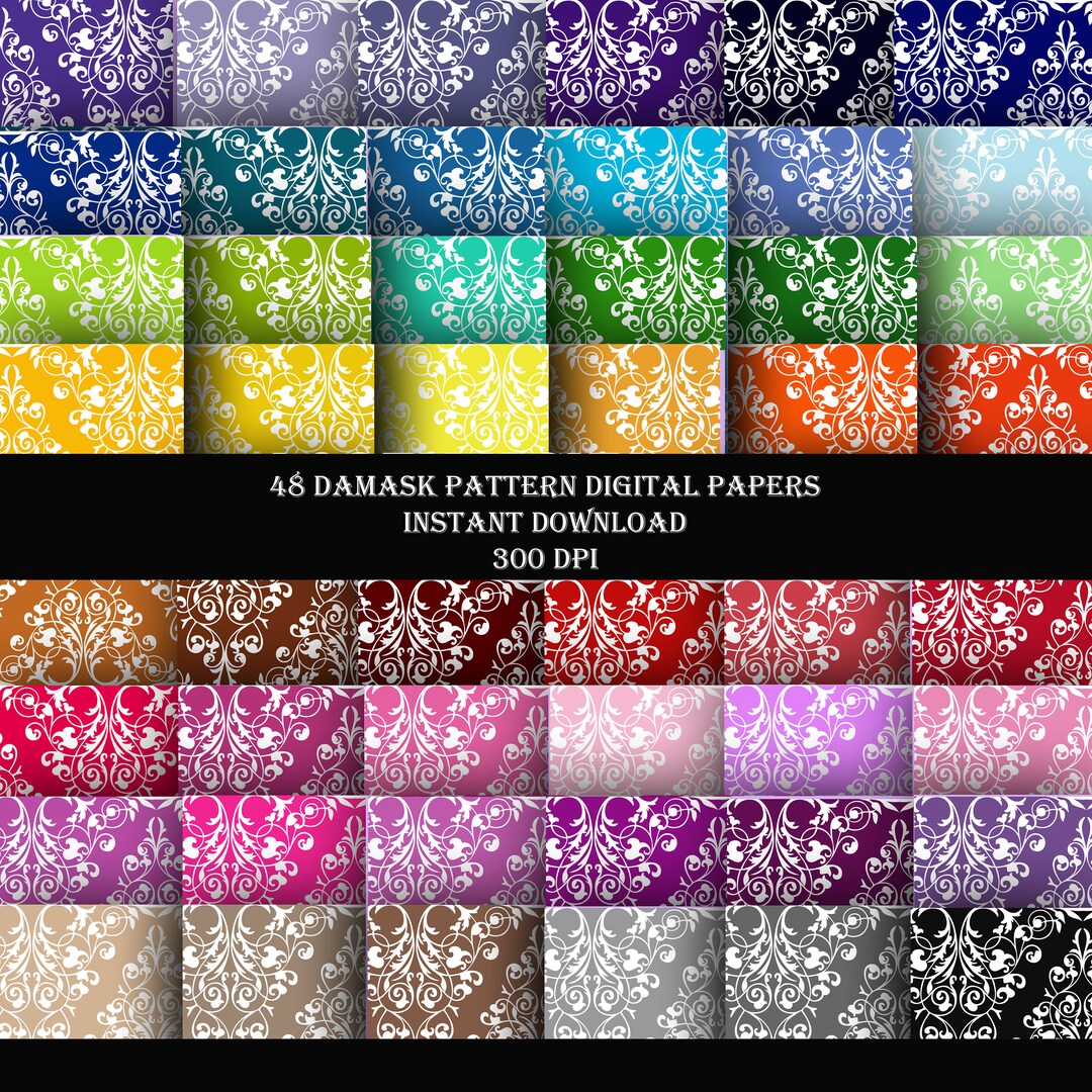 48 Digital Damask, Damask Digital Papers, Damask, Digital Paper, Bright ...