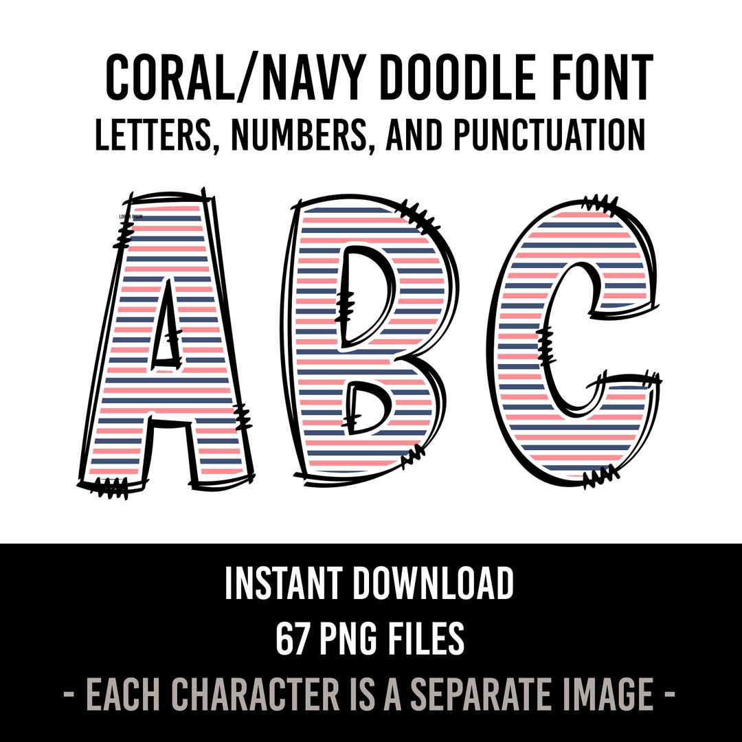 Navy and Coral Stripes Doodle Font, Pattern Abcs, 67 Characters, Fancy ...