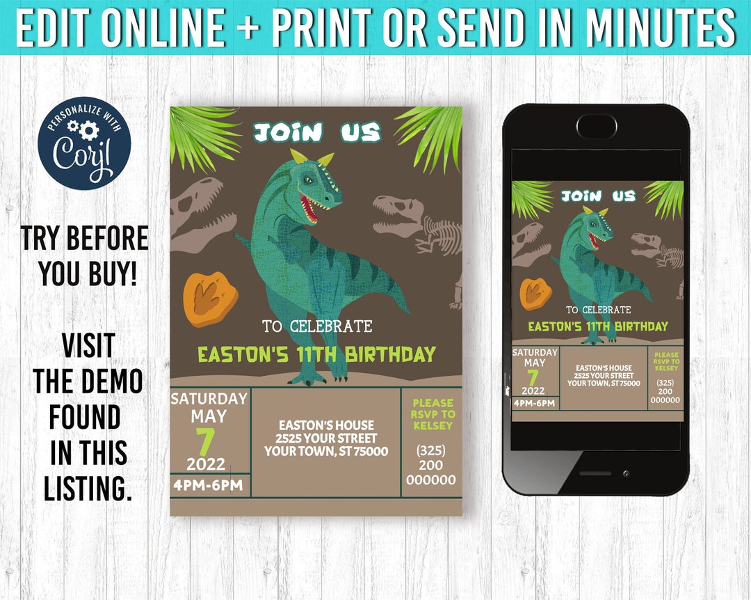 Dinosaur Invitation 5x7 Fossil Birthday Invitation YOU Edit and Print ...