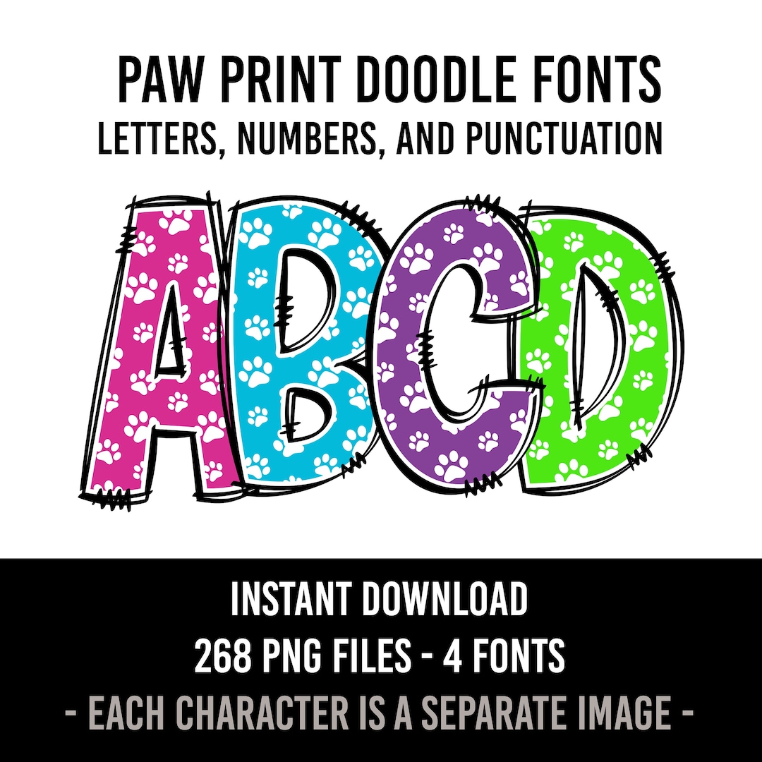 Paw Print Alphabet, Dog Doodle Font, Paw Print Background, Dog Letters ...